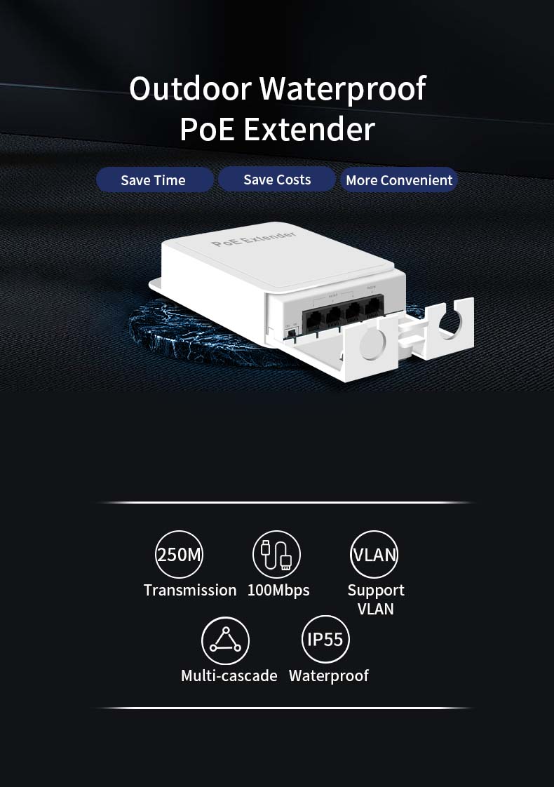 Waterproof 3+1 Ports PoE Extender 10/100Mbps 30w